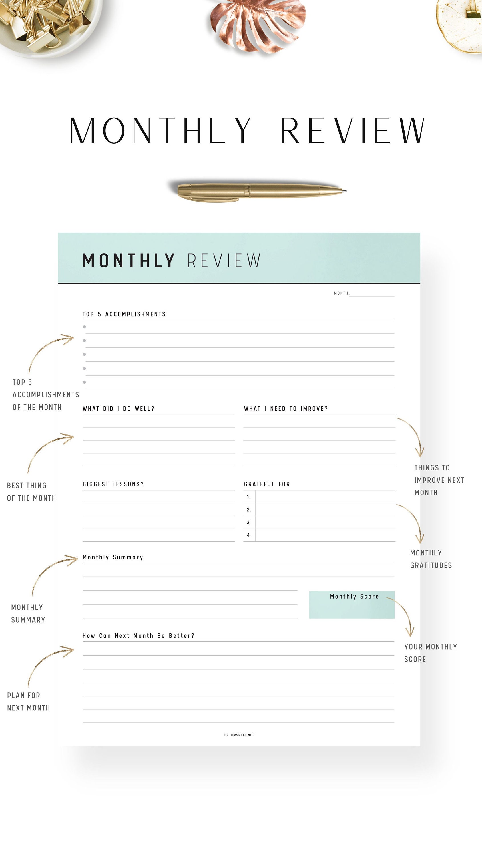 Monthly Review Template Printable, A4, A5, Letter, Half Letter, PDF, 6 ...