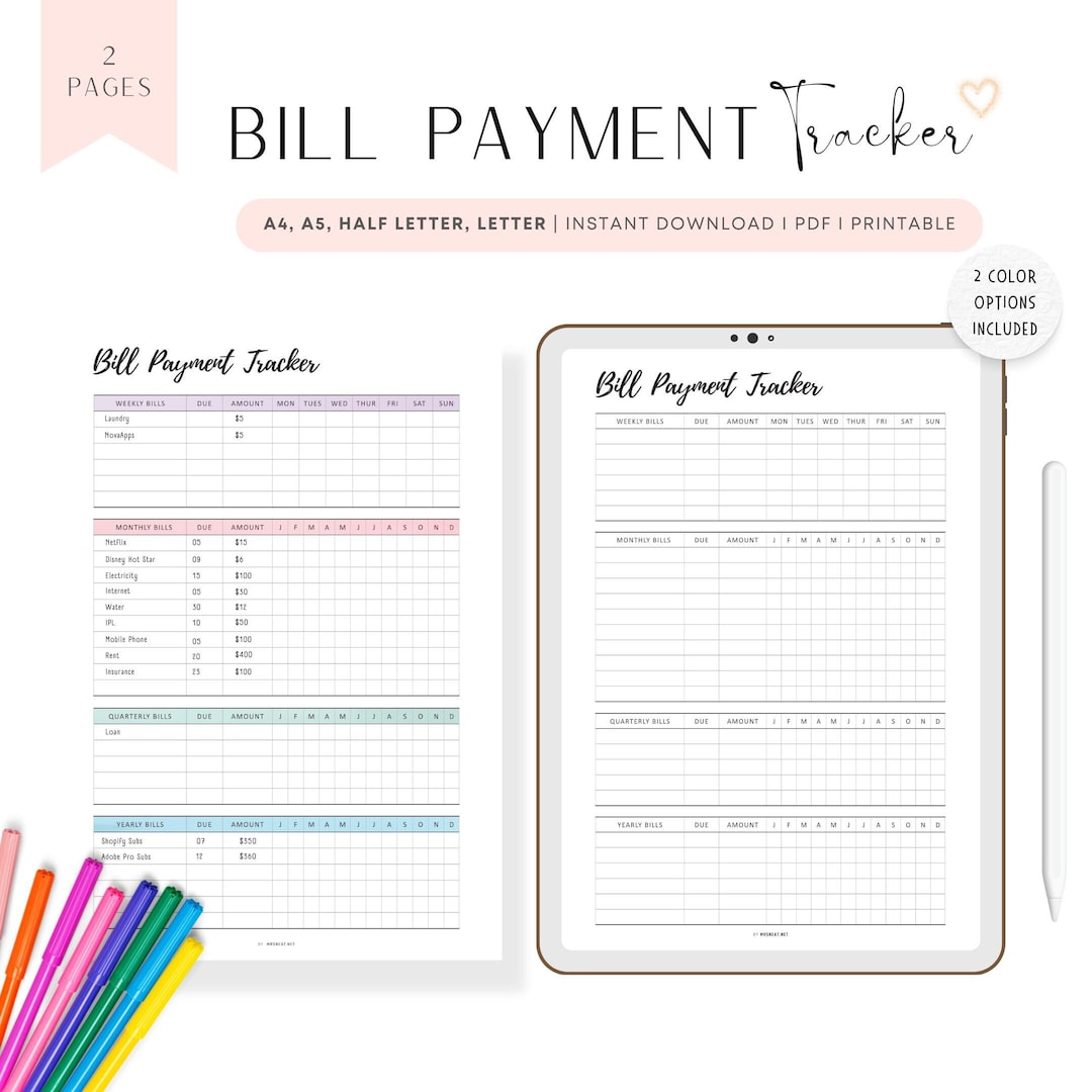 Bill Payment Tracker Printable, Bill Tracker Template, Weekly Monthly ...
