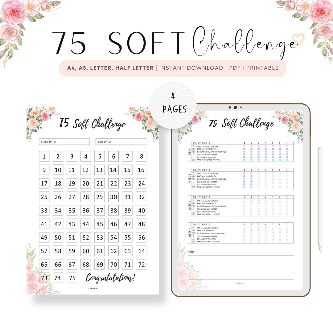 Floral 75 Soft Challenge Tracker: PRINTABLE Fitness Journal (PDF ...