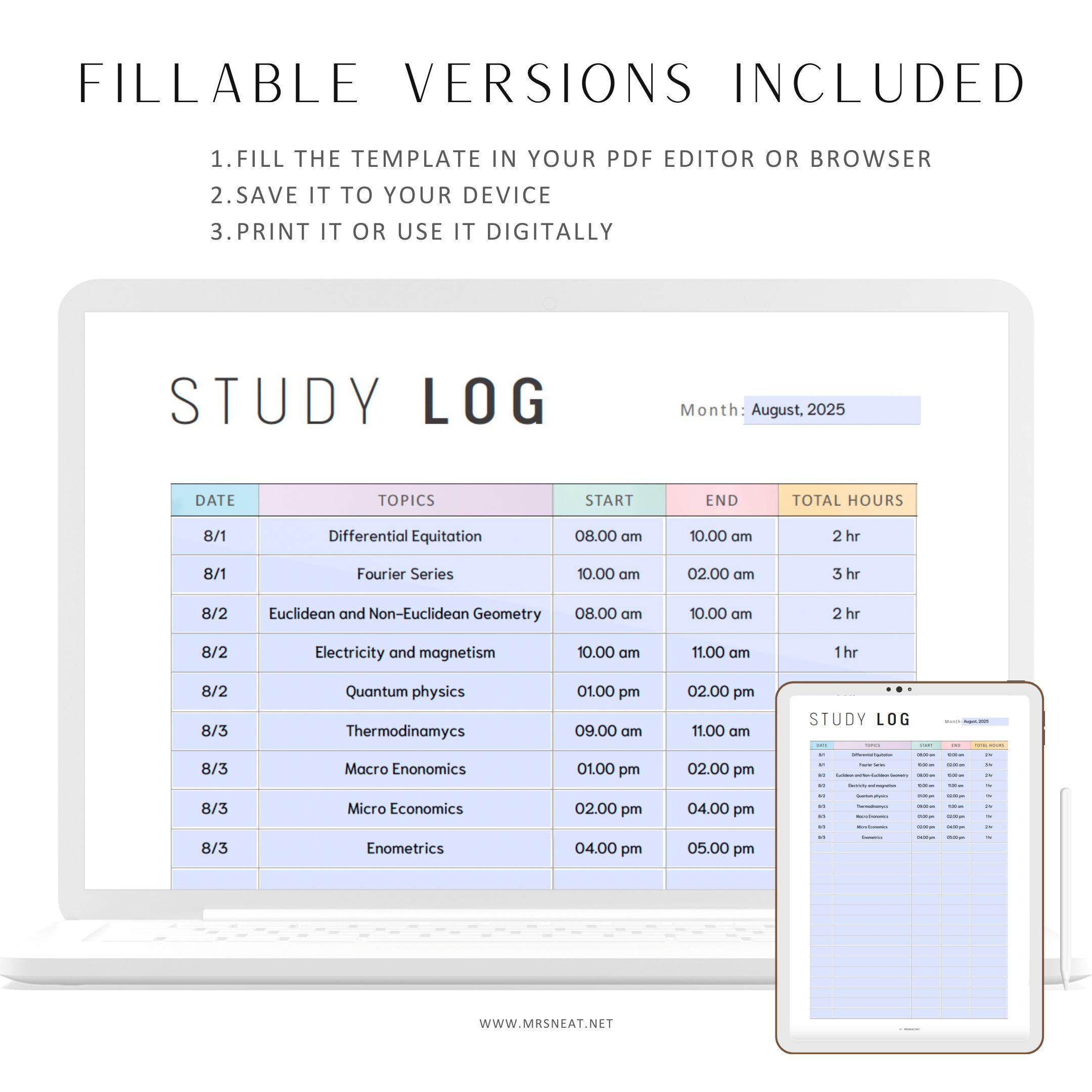 Study Log Printable, Monthly Study Tracker, Study Log Tracker, Fillable ...