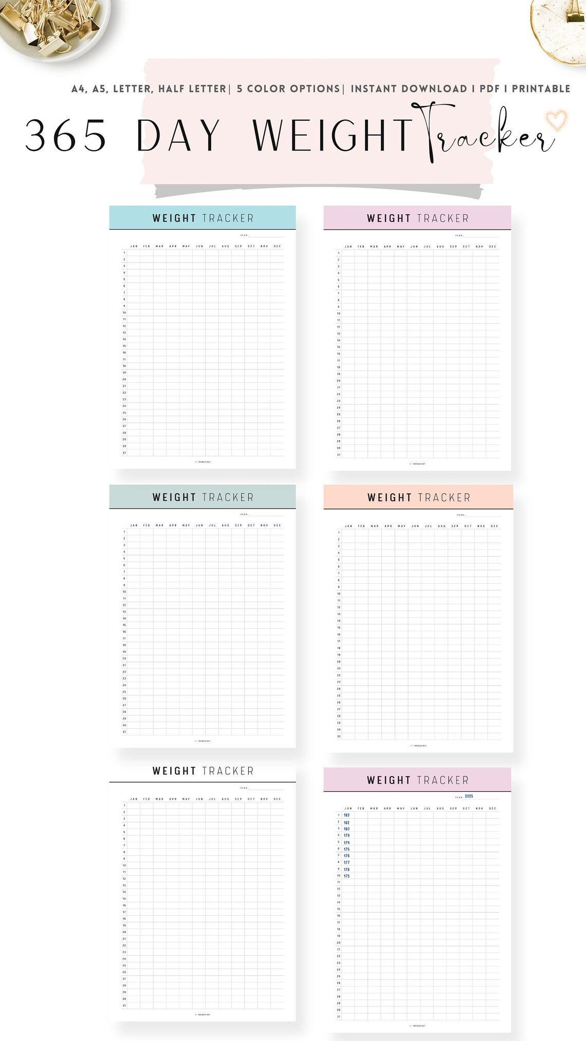 365 Day Weight Tracker Printable, Daily Weight Journal, Weight Loss ...