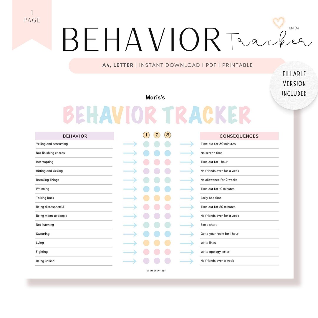 Fillable Behavior Consequences for Kids, Printable Kids Behavior ...