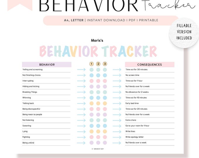 FILLABLE Behavior Chart for Kids: PRINTABLE Behavior Tracker (PDF) - Etsy