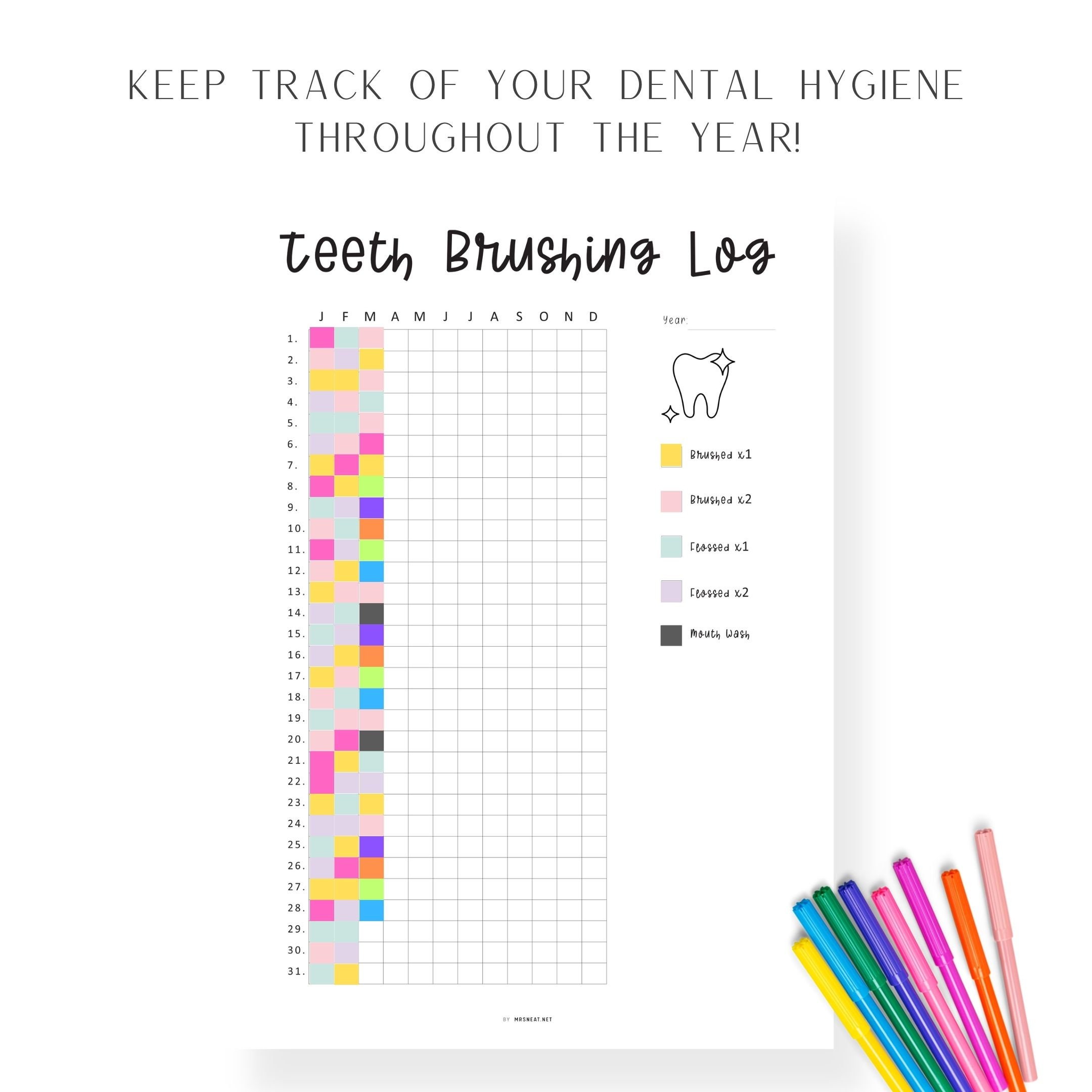 Teeth Brushing Tracker Printable, One Year Teeth Brushing Log, Daily ...
