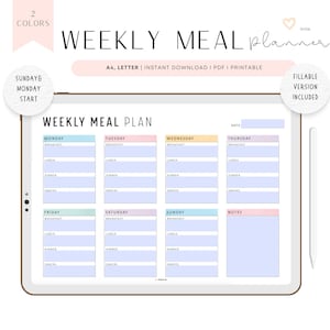 Colorful Printable Weekly Meal Planner Landscape, Fillable Food Diary ...