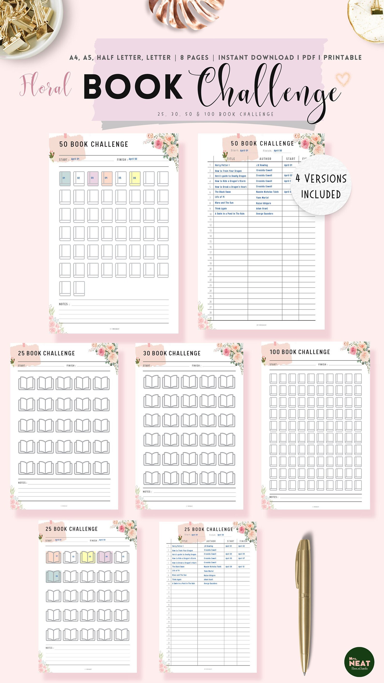 Floral Book Challenge Bundle, Reading Challenge Printable, Book ...