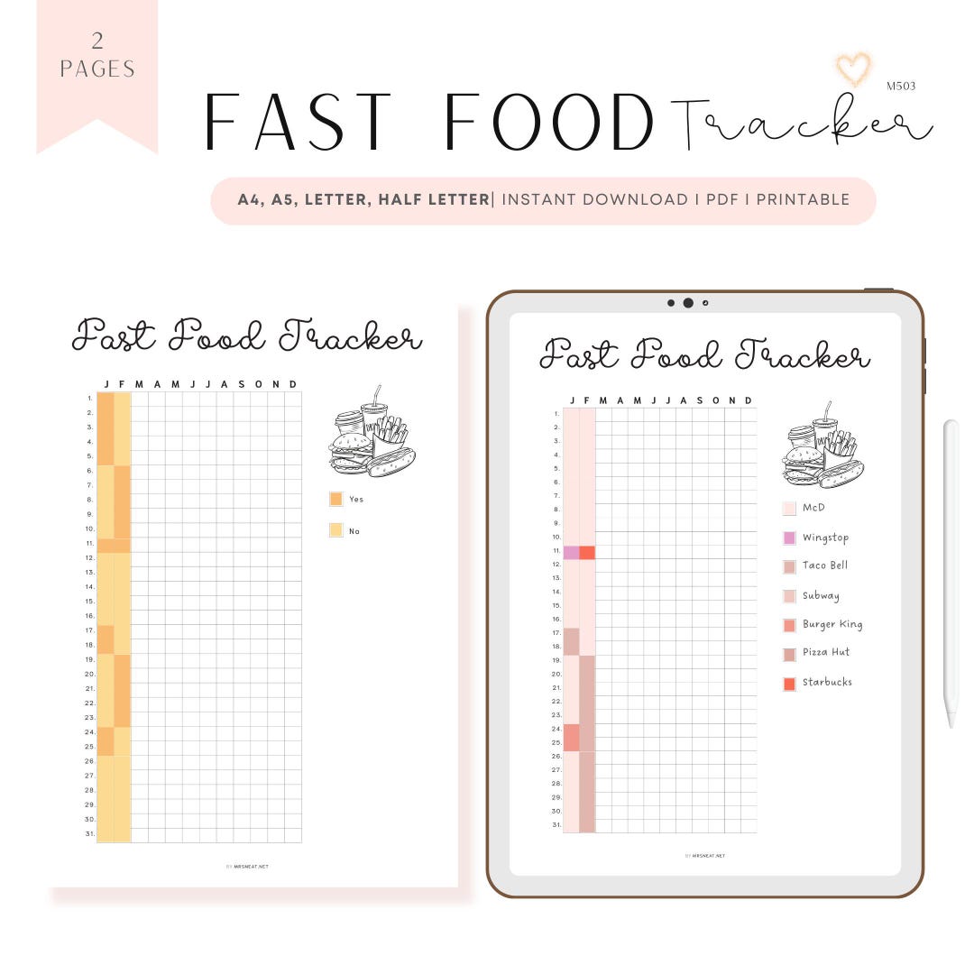 Fast Food Tracker Printable, Health Tracker, Takeout Tracker, Eating ...