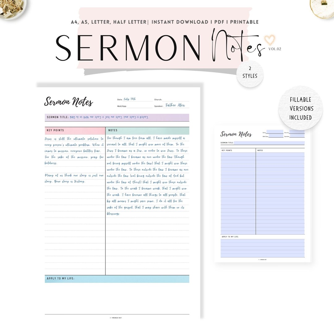 Fillable Sermon Notes Journal Printable, Personal Sermon Notes, Church ...