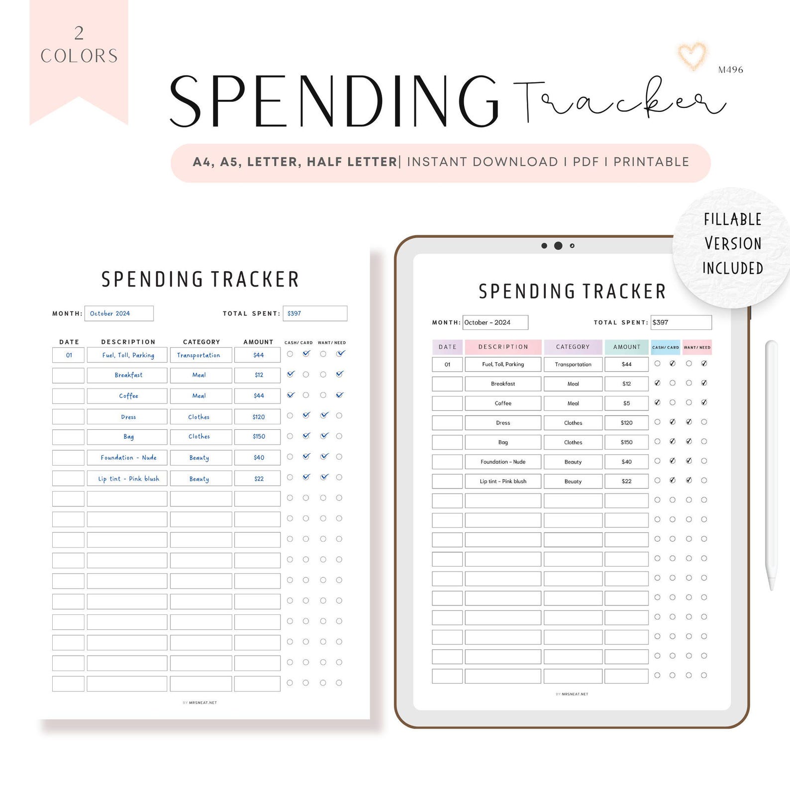 Fillable Spending Tracker Printable: Finance Expense Log (PDF) - Etsy