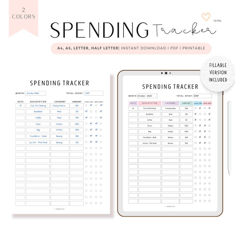 Fillable Spending Tracker Printable: Finance Expense Log (PDF) - Etsy