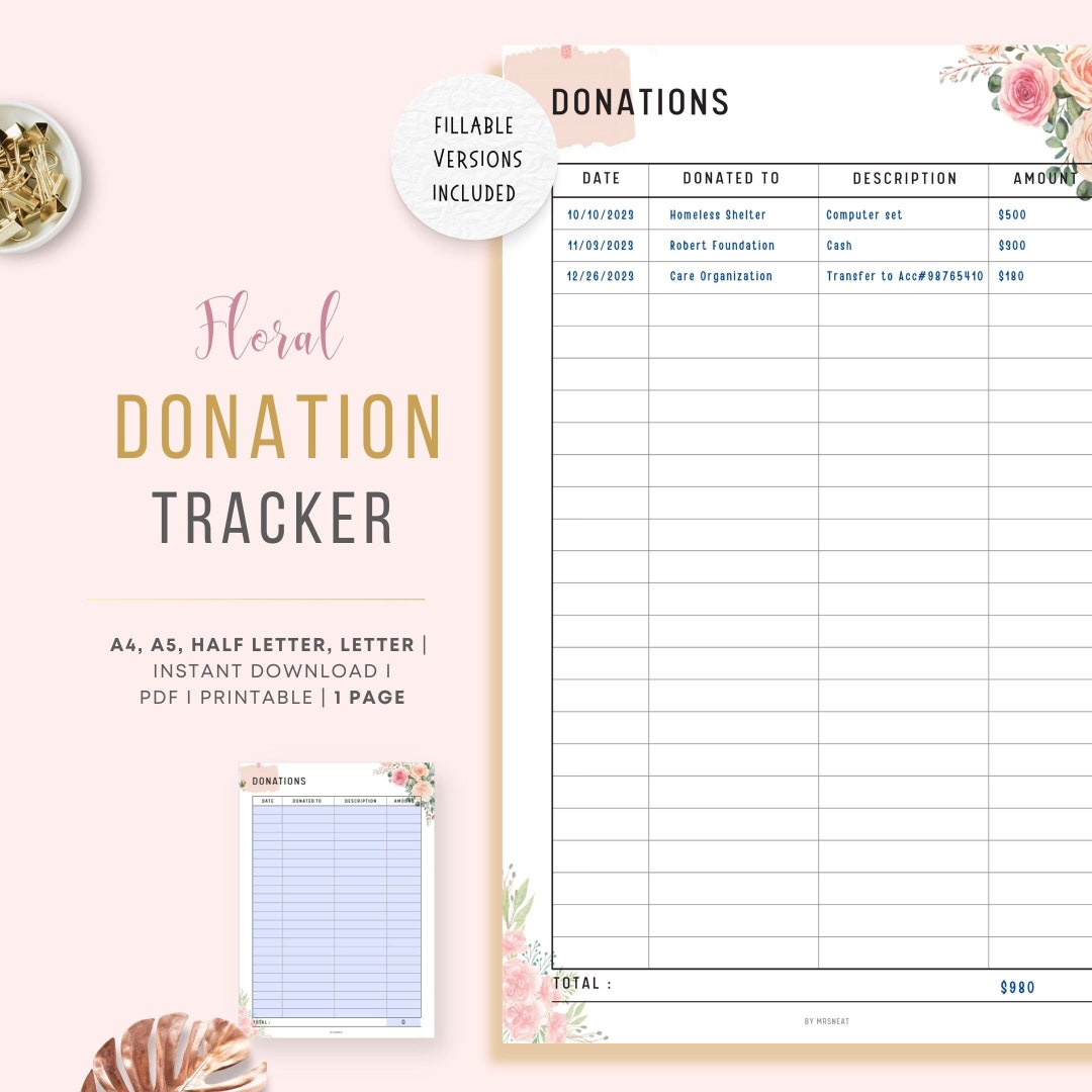 Floral Donation Tracker Printable, Fillable Charity Donation Tracker ...