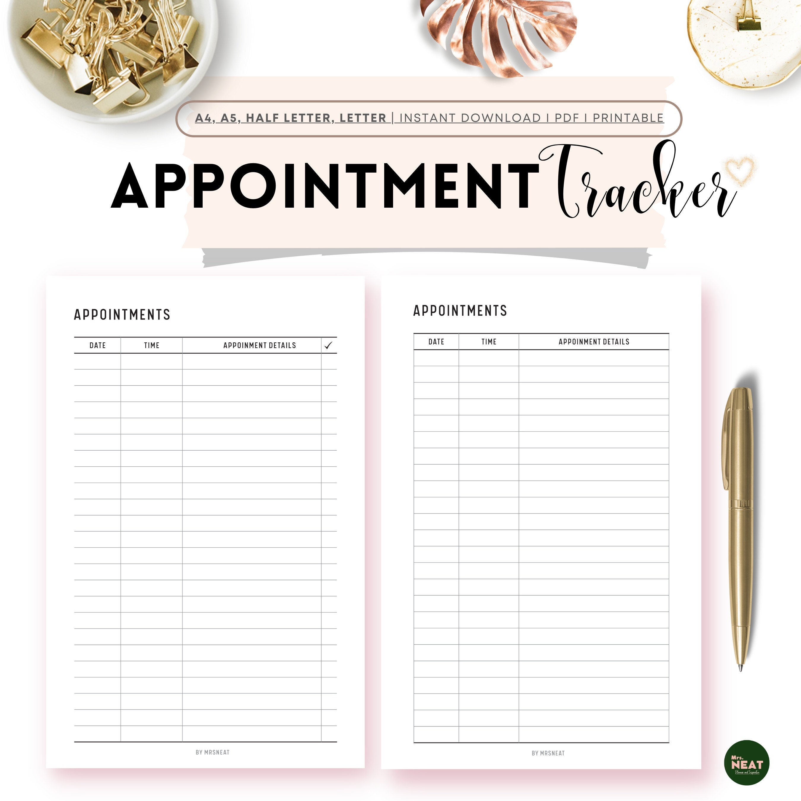Appointment Tracker Printable Planner, PDF, 2 Versions, A4, A5, Half ...