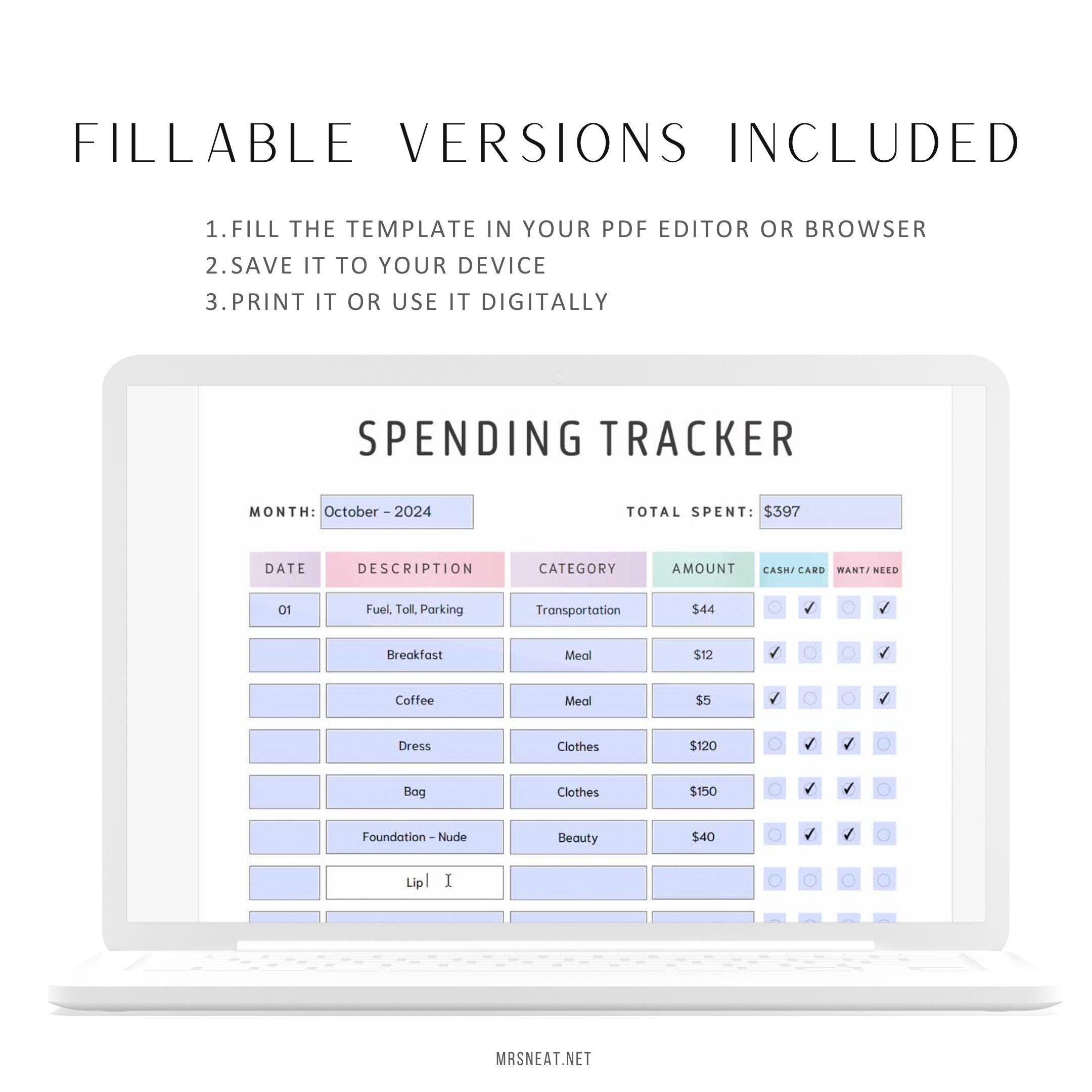 FILLABLE Spending Tracker PRINTABLE: Finance Expense Log (PDF) - Etsy