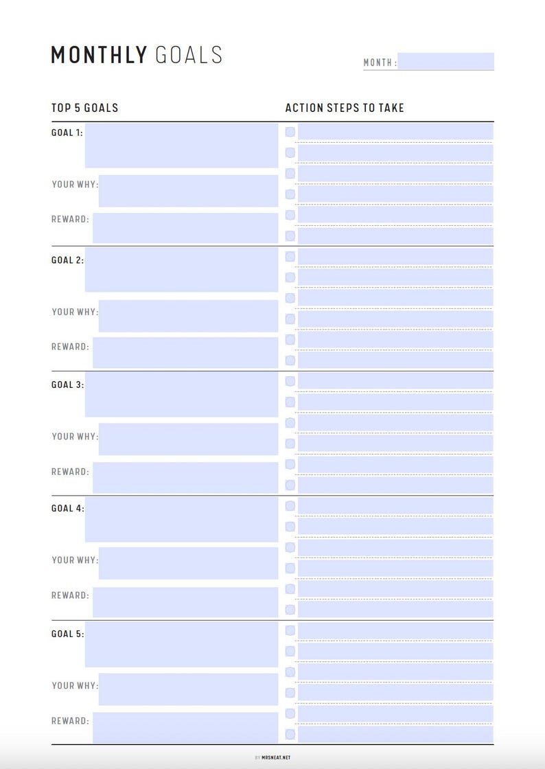 Top 5 Goals Planner PRINTABLE: Yearly, Quarterly, Monthly, Weekly ...