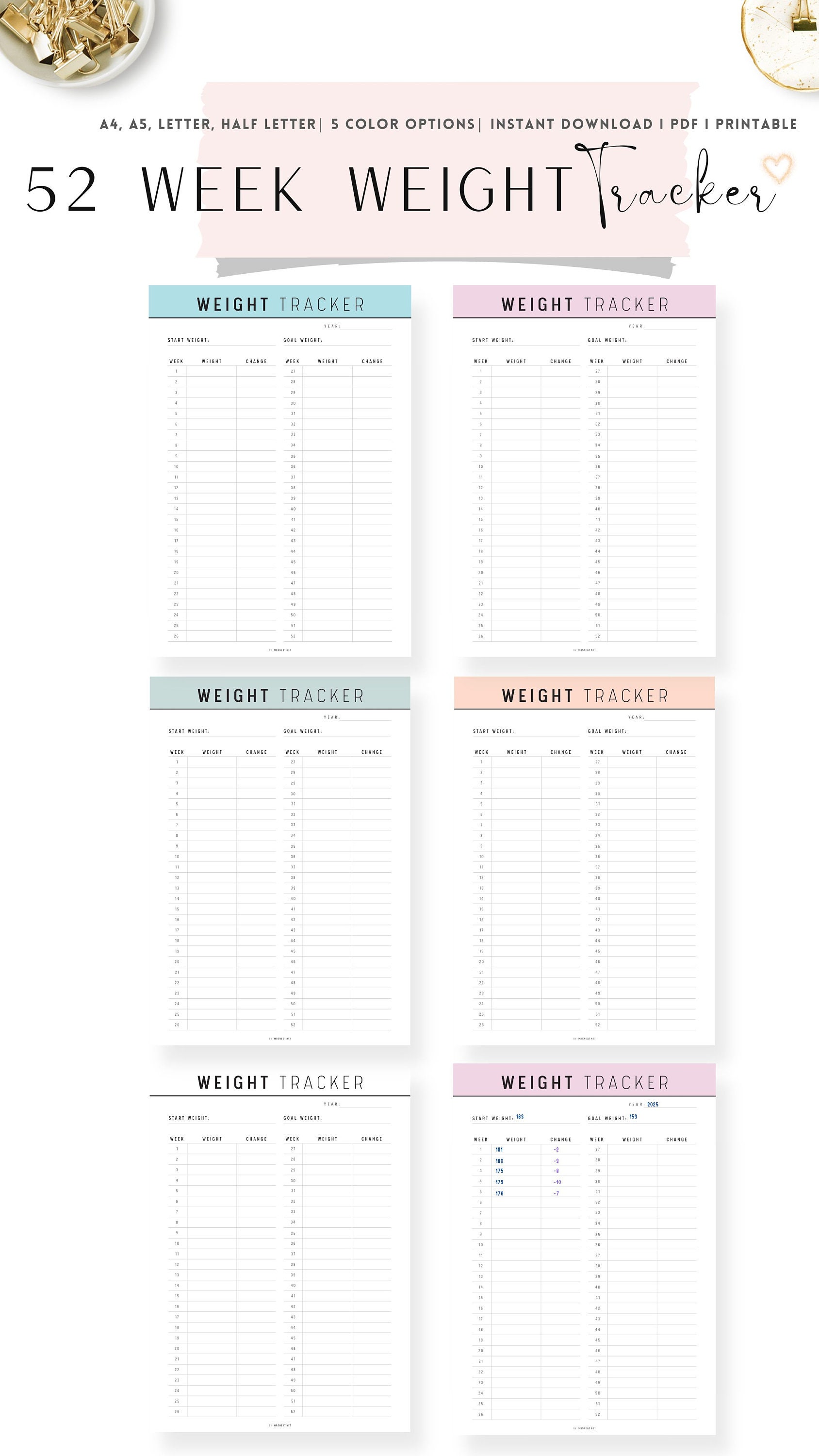 52 Week Weight Tracker Printable, Weight Loss Tracker Template, Weight ...