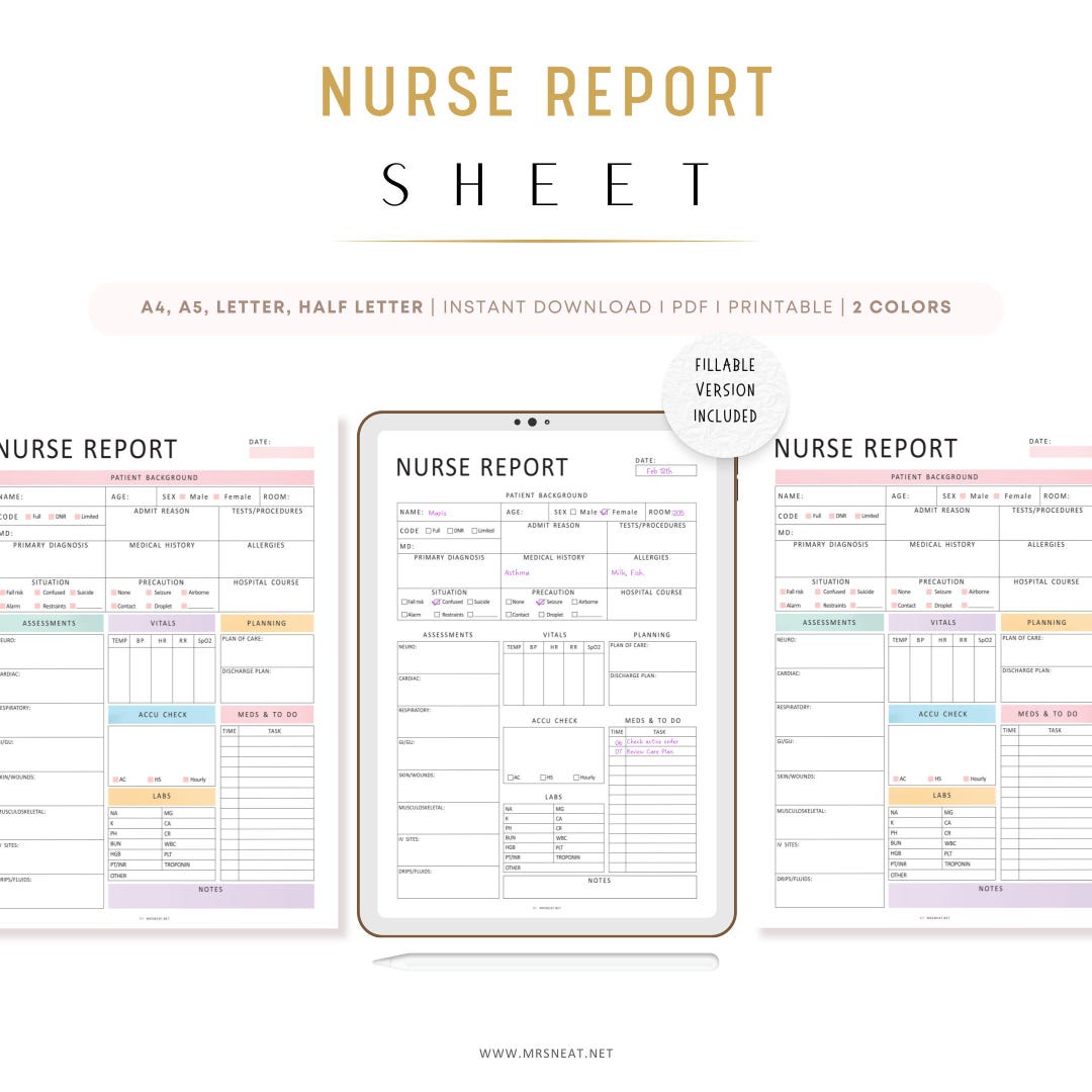 FILLABLE Nurse Report Sheet: PRINTABLE Patient Reporting Template. PDF ...