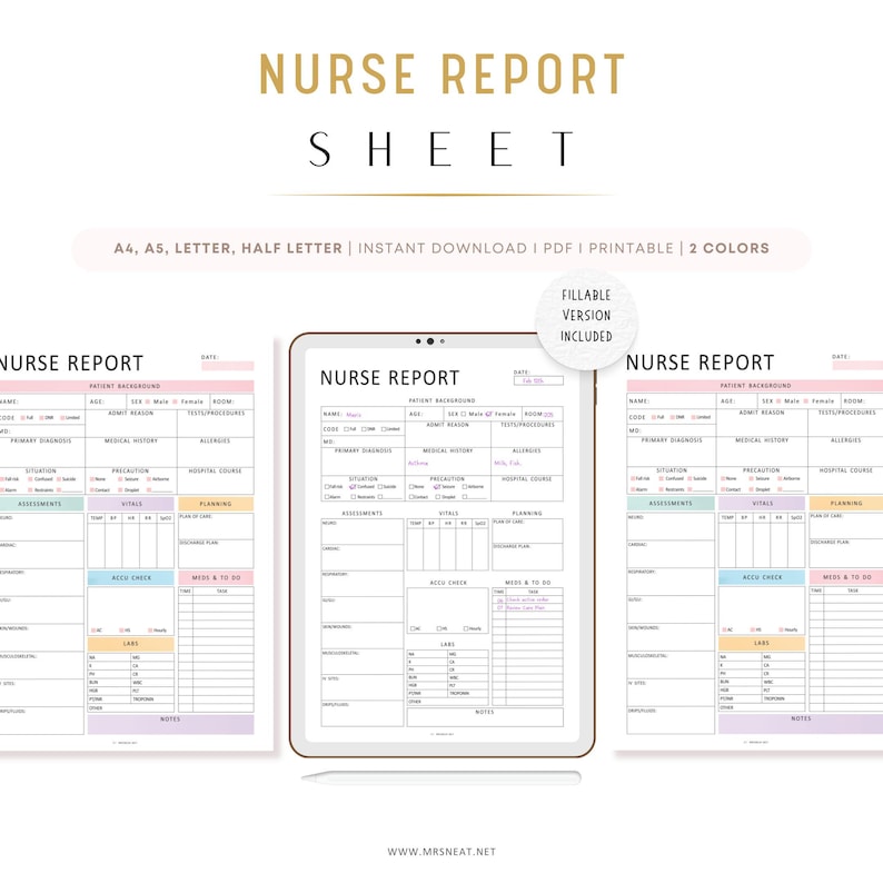 FILLABLE Nurse Report Sheet: PRINTABLE Patient Reporting Template. PDF ...