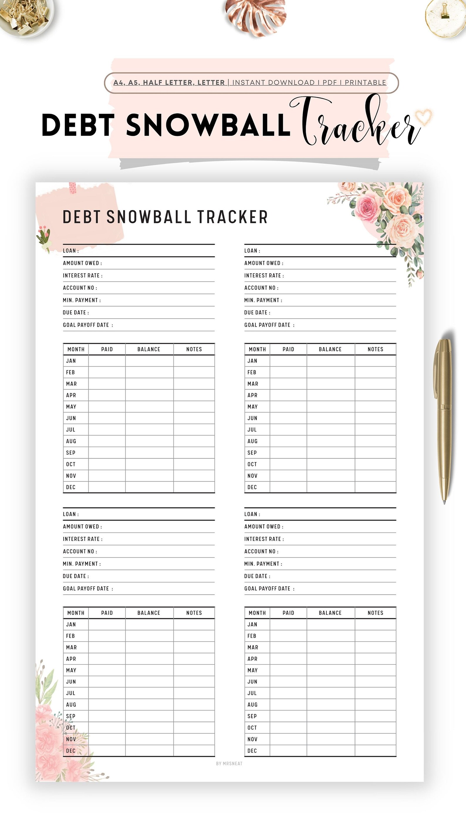 Floral Debt Snowball Tracker Printable, Snowball Debt Plan Printable ...