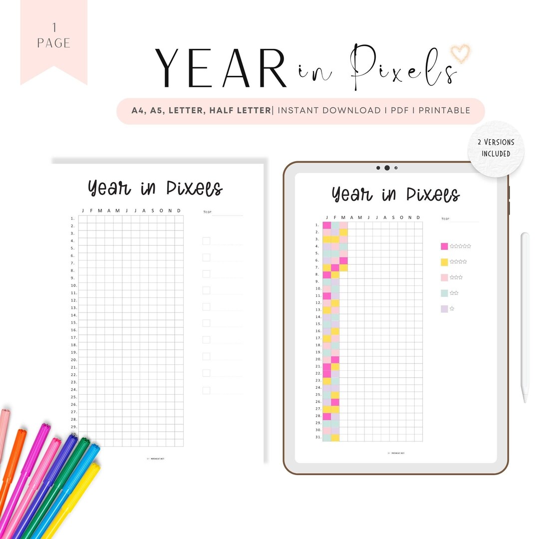 Year in Pixels Printable, Yearly Tracker Template, Day in Pixels, PDF ...
