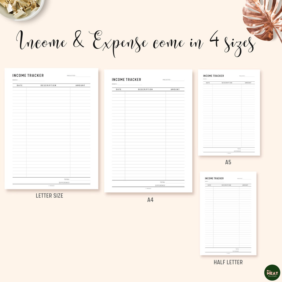 Income Expenses Tracker Printable for Personal and Small Business ...