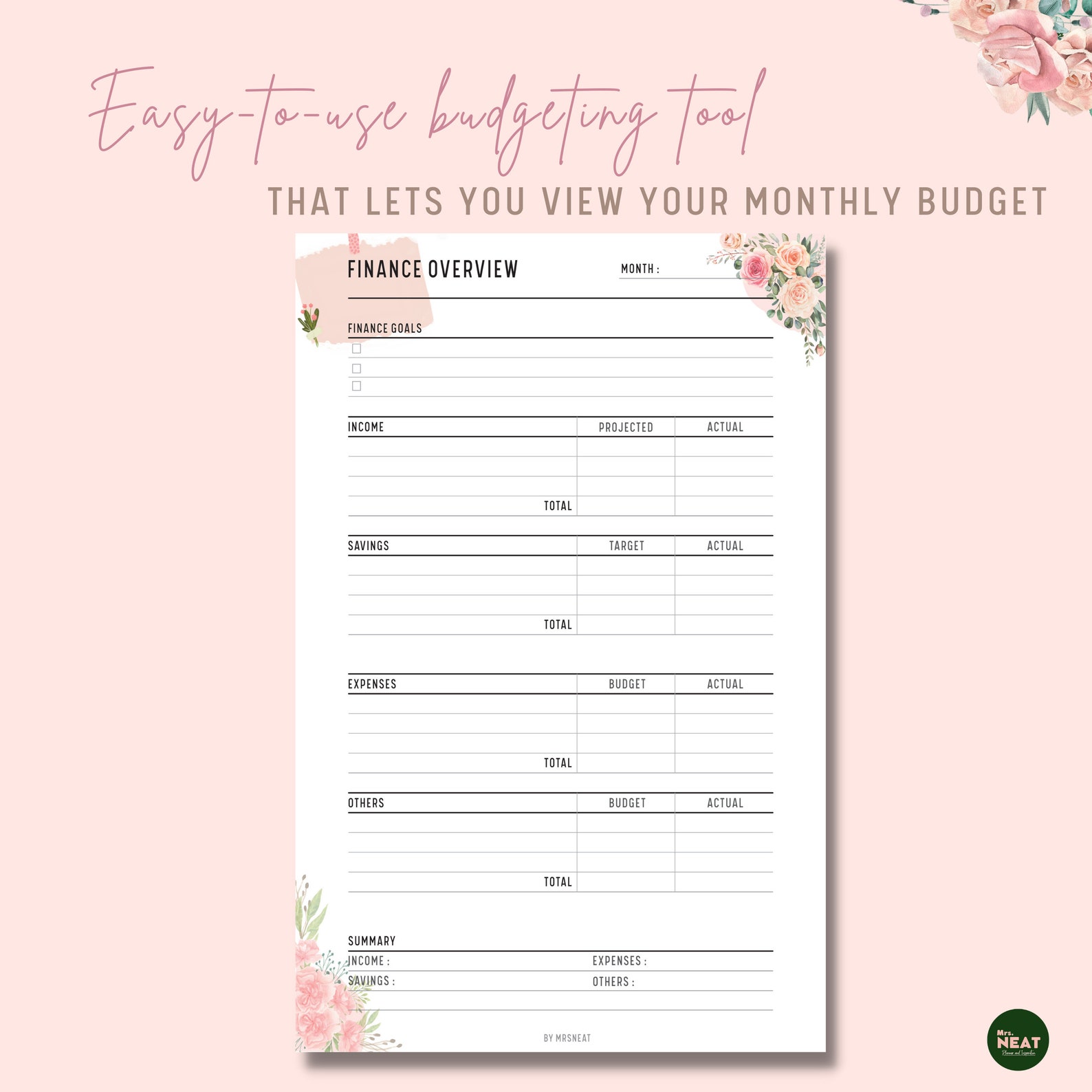 Floral Monthly Finance Overview Printable, Budget Organizer, Income ...
