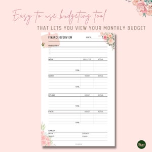 Floral Monthly Finance Overview Printable, Budget Organizer, Income ...
