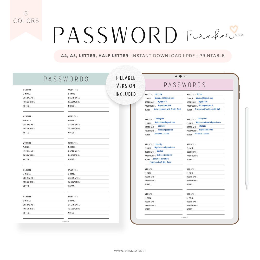 FILLABLE Password Tracker Template Printable, Password Organizer ...