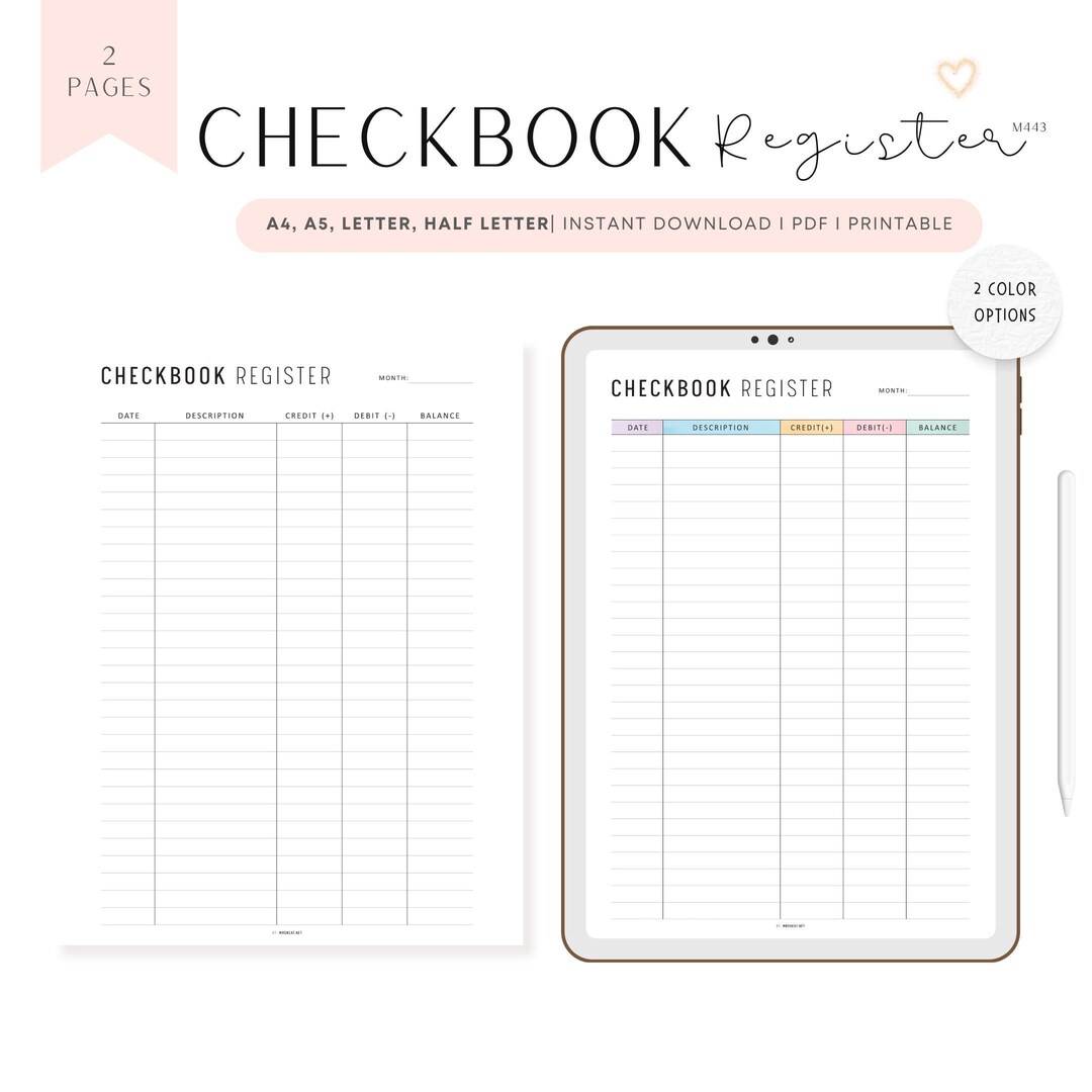 Checkbook Register Printable, Check Transaction Tracker, Checkbook Log ...