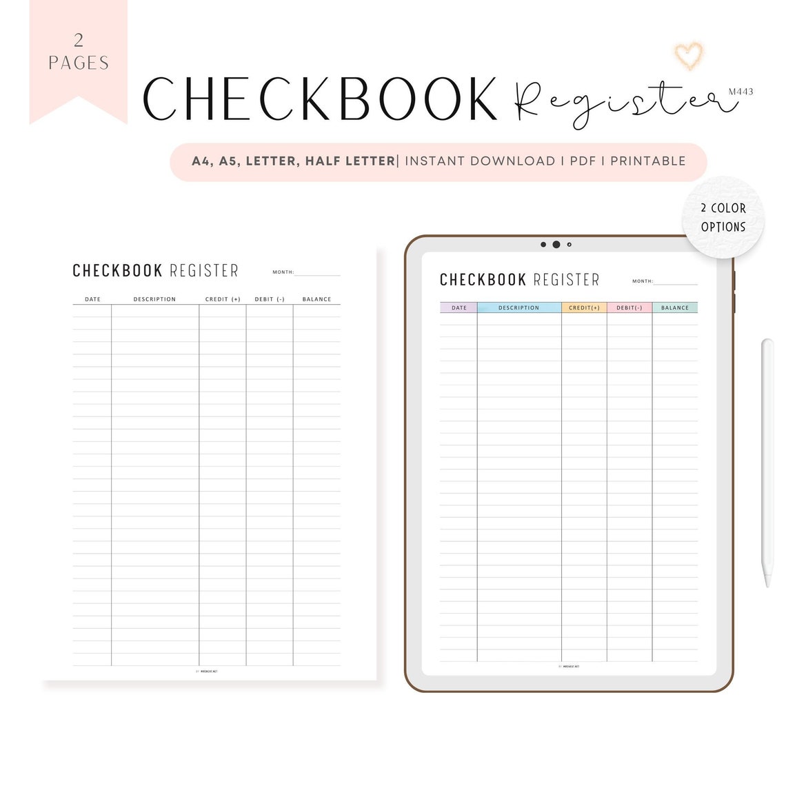 Checkbook Register PRINTABLE : Transaction Tracker, A4 A5 Letter Sizes ...