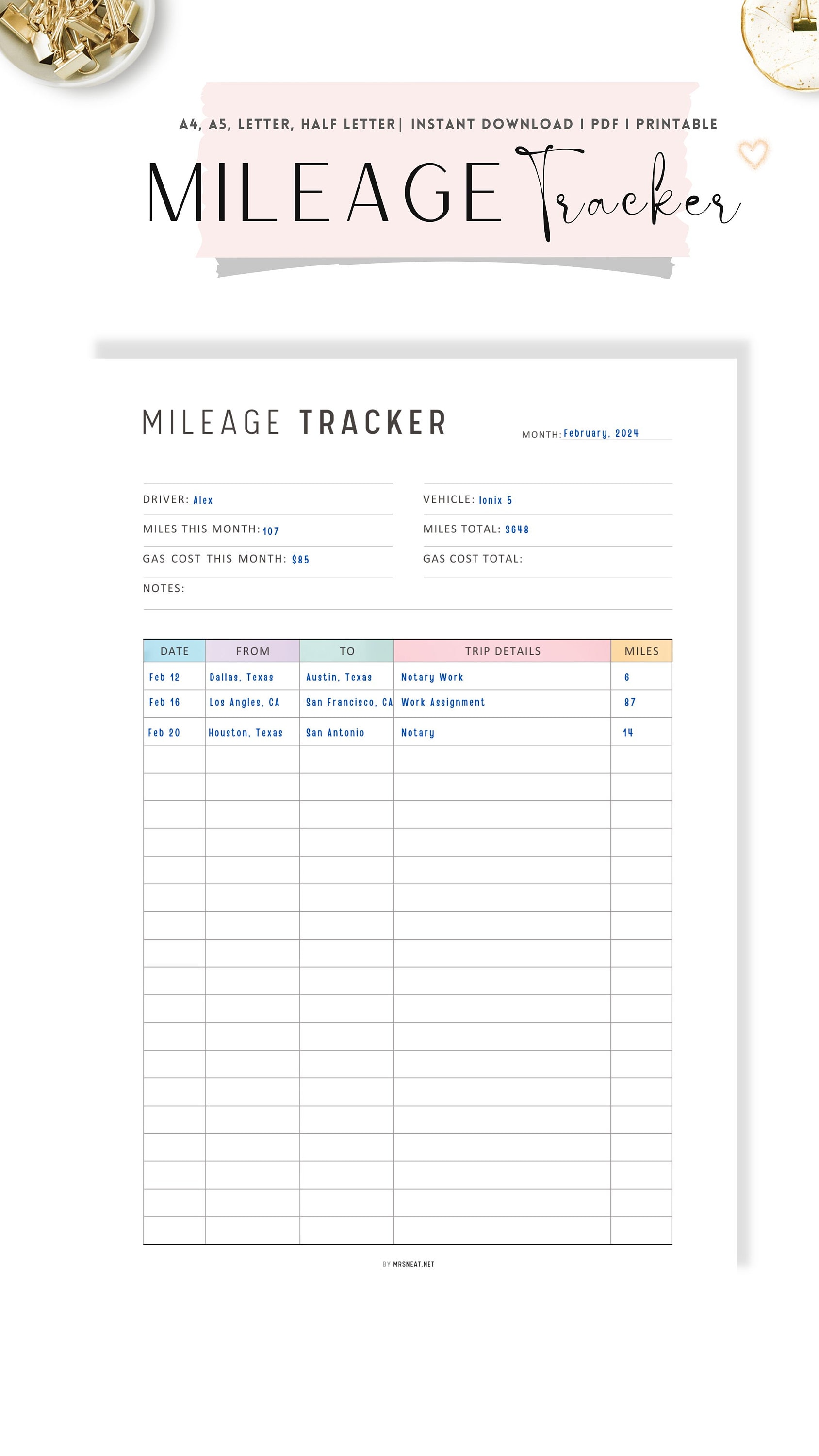 Mileage Tracker Printable, Mileage Log Template, Colorful Page ...