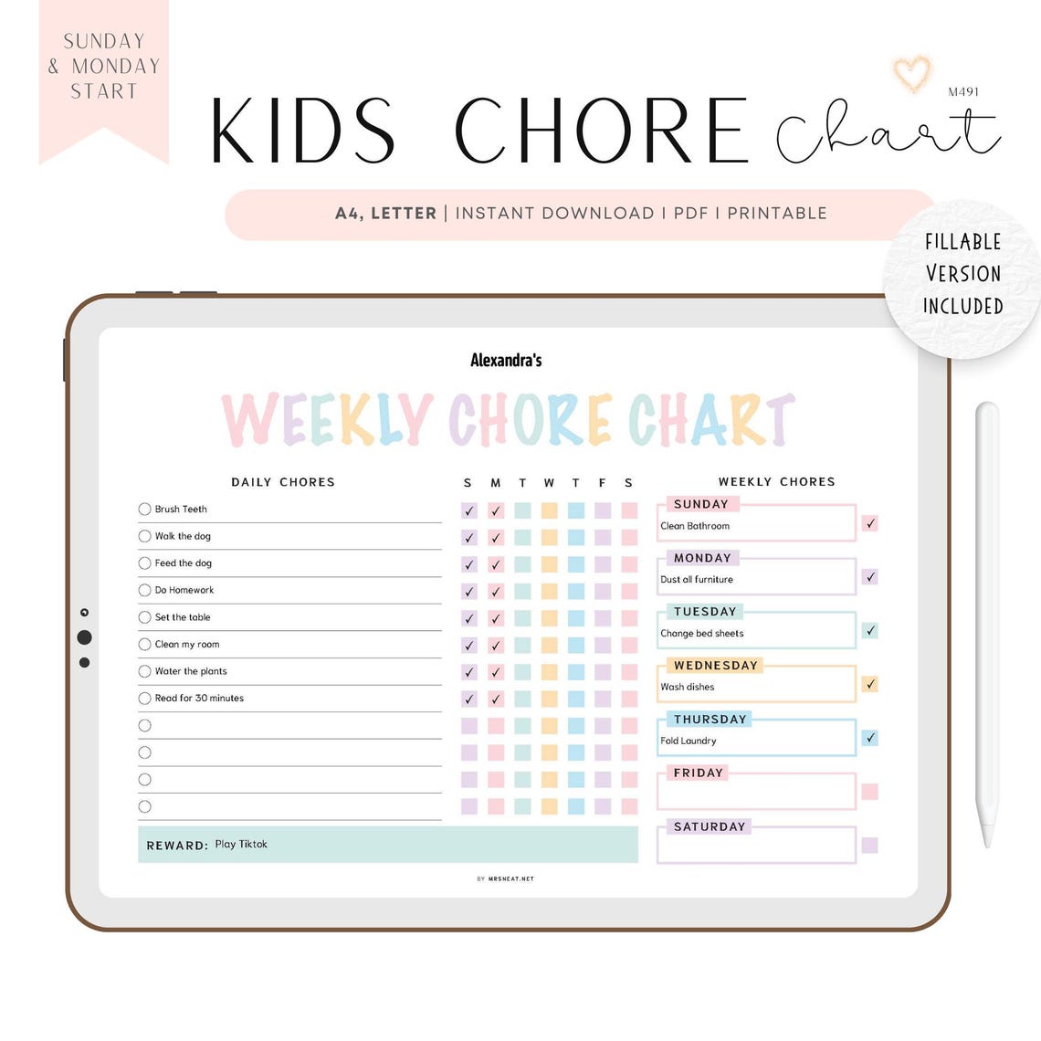 FILLABLE Kids Chore Chart: Weekly Responsibility Checklist (PDF) - Etsy