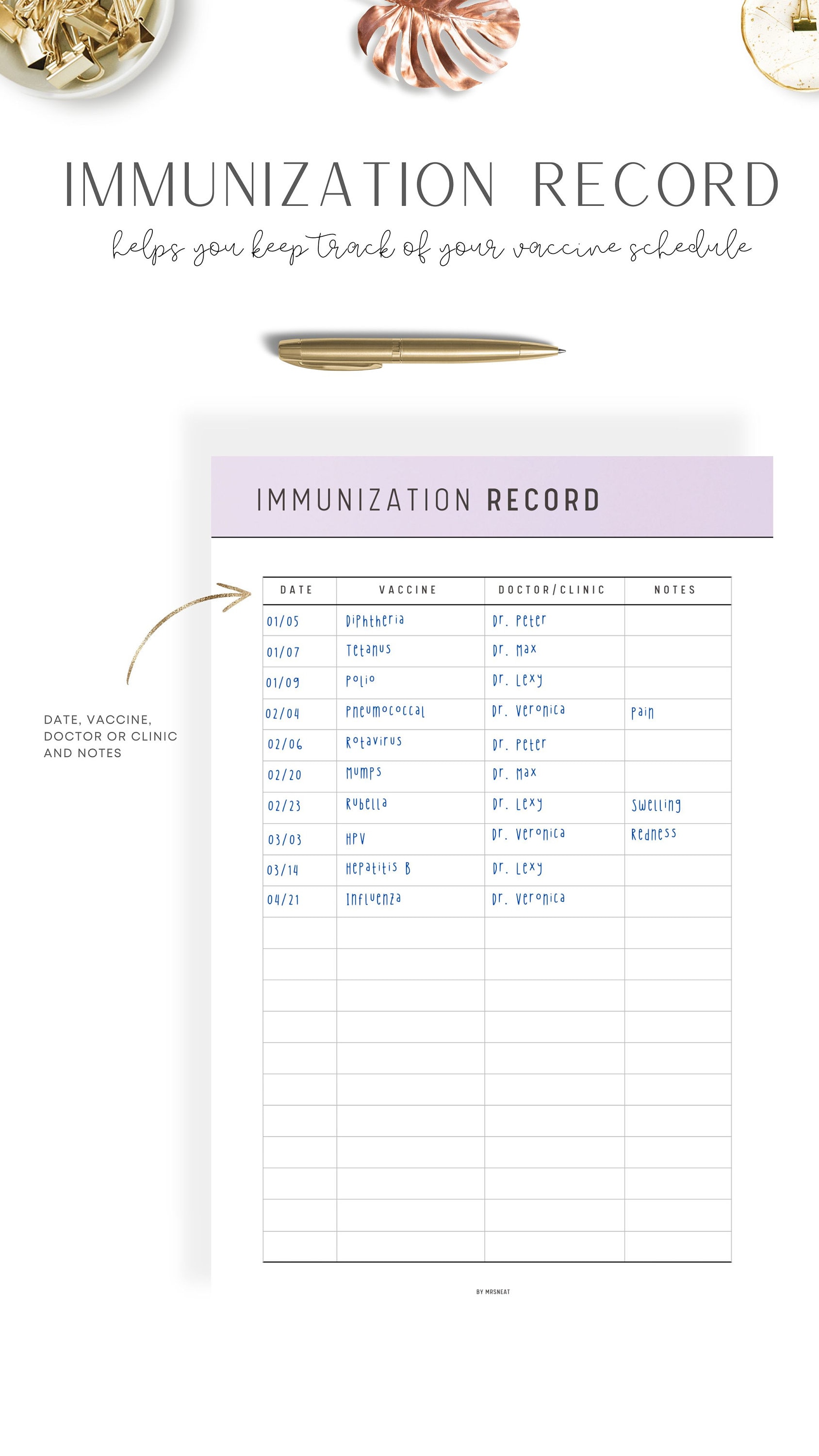 Printable Immunization Record, Vaccine Record Template, PDF, A4, A5 ...