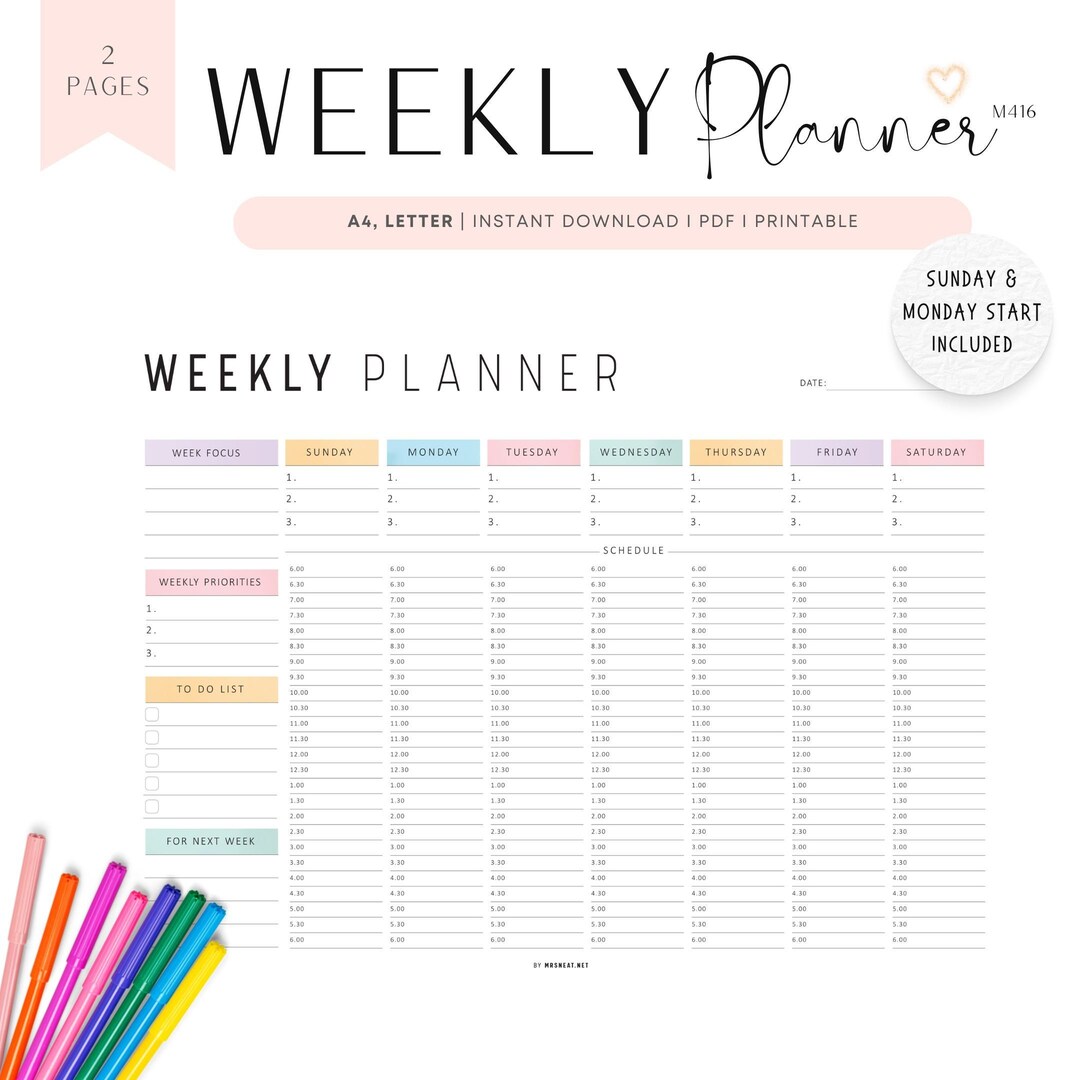 Half Hour Weekly Planner PRINTABLE, Weekly Organizer : A4, Letter Size ...