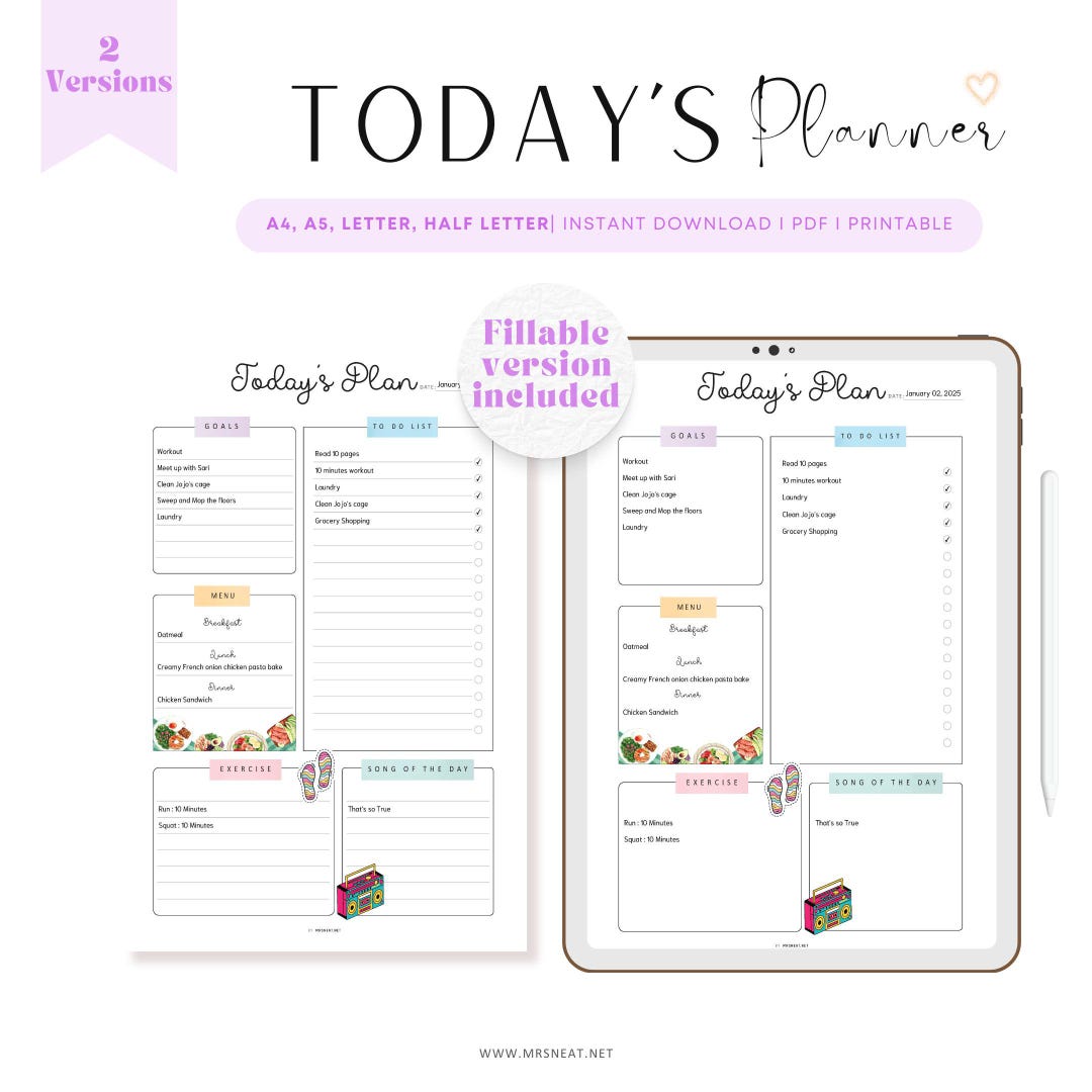 Fillable Todays Plan, Daily Planner Page, Daily Agenda Pages, PRINTABLE ...