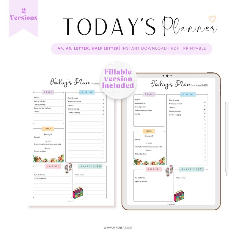 Fillable Todays Plan, Daily Planner Page, Daily Agenda Pages, PRINTABLE ...