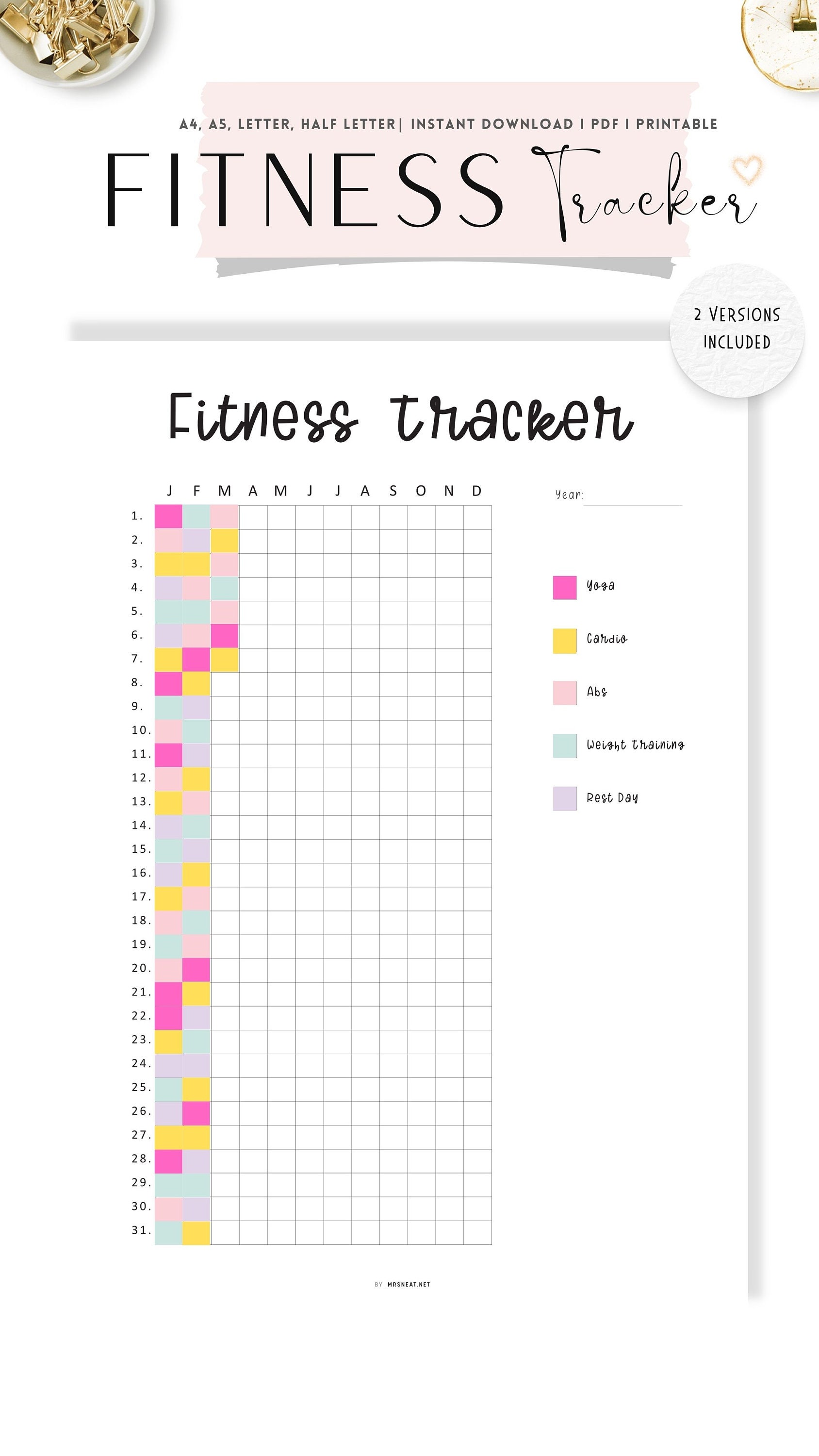 Fitness Tracker Printable, One Year Fitness Tracker Template, Daily ...