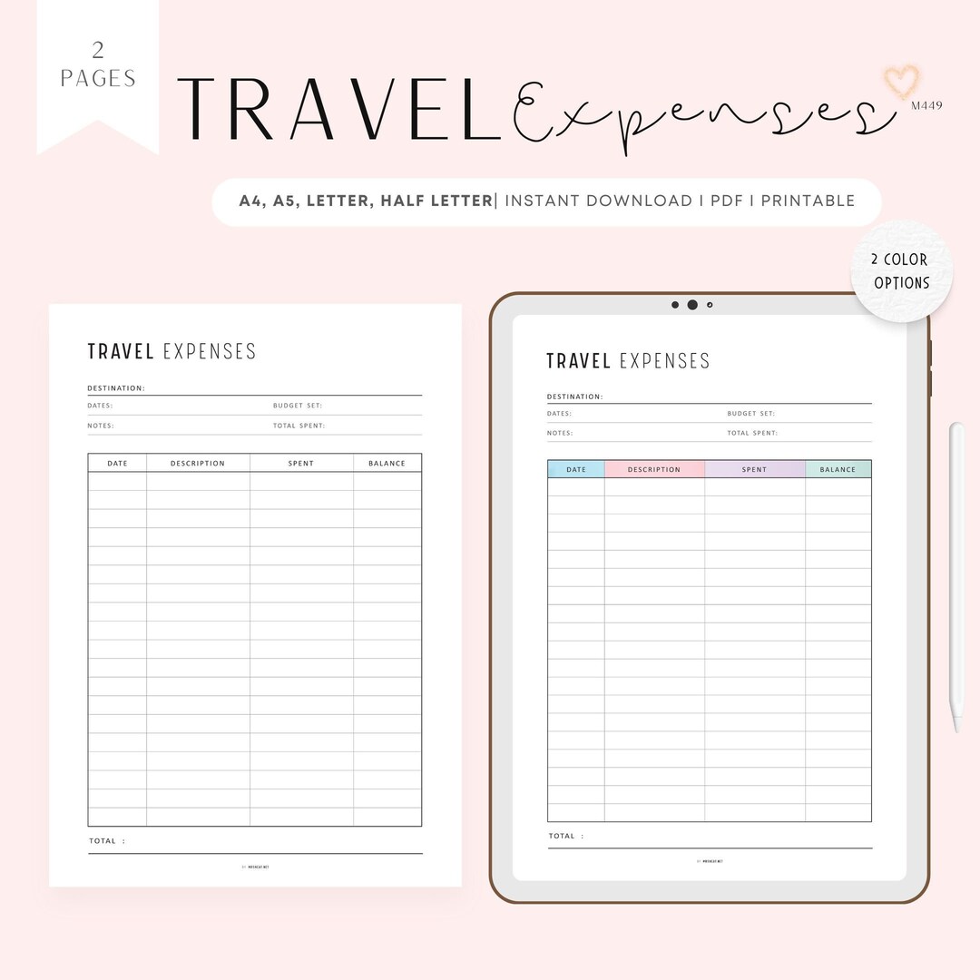 Travel Expenses Tracker, Vacation Spending Log, Daily Expenses Template ...