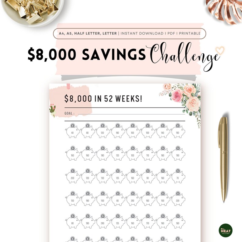 Floral Saving Challenge Printable, Save 8000 in 52 Weeks, Piggy Bank Money Saving Printable, Pdf ...