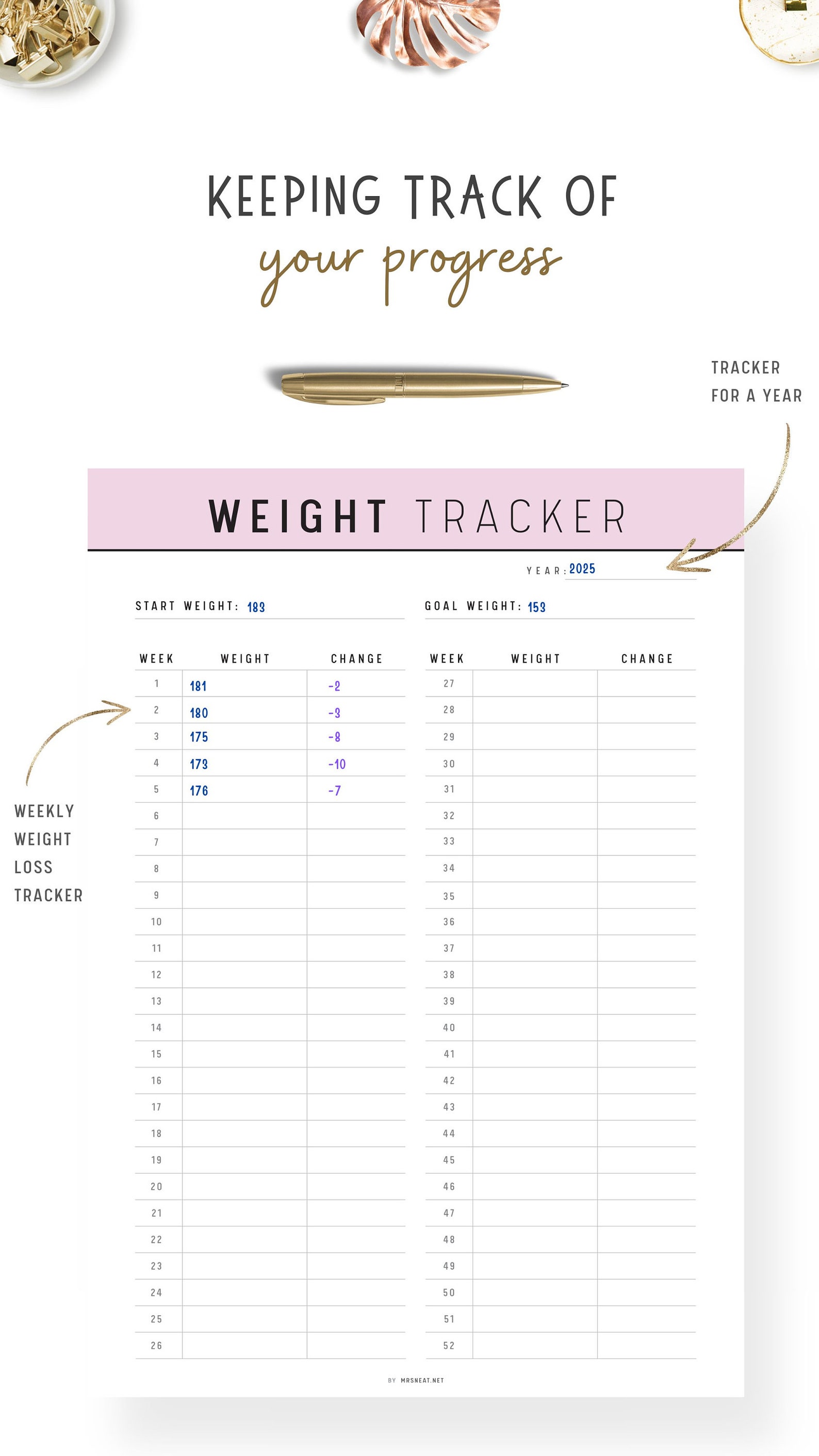 52 Week Weight Tracker Printable, Weight Loss Tracker Template ...