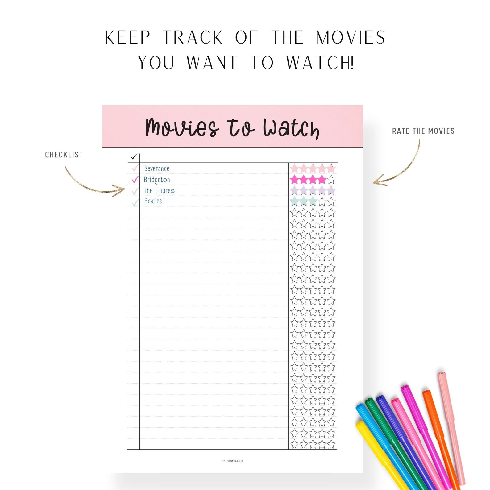 Printable Movies to Watch, Watch List Template, Movies to Watch List ...