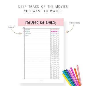Printable Movies to Watch, Watch List Template, Fillable Movies to ...