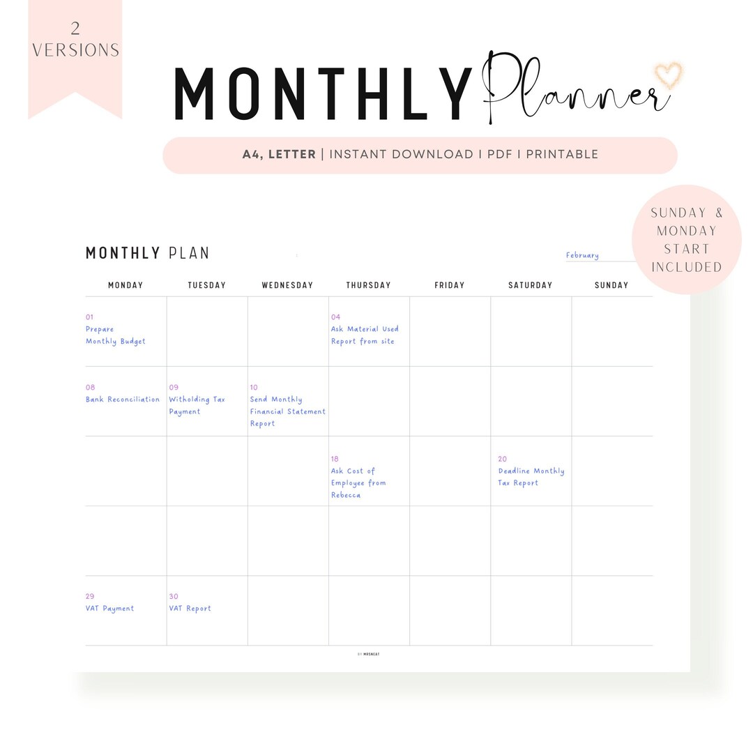Undated Fillable Monthly Planner Printable Landscape, Month at a Glance ...