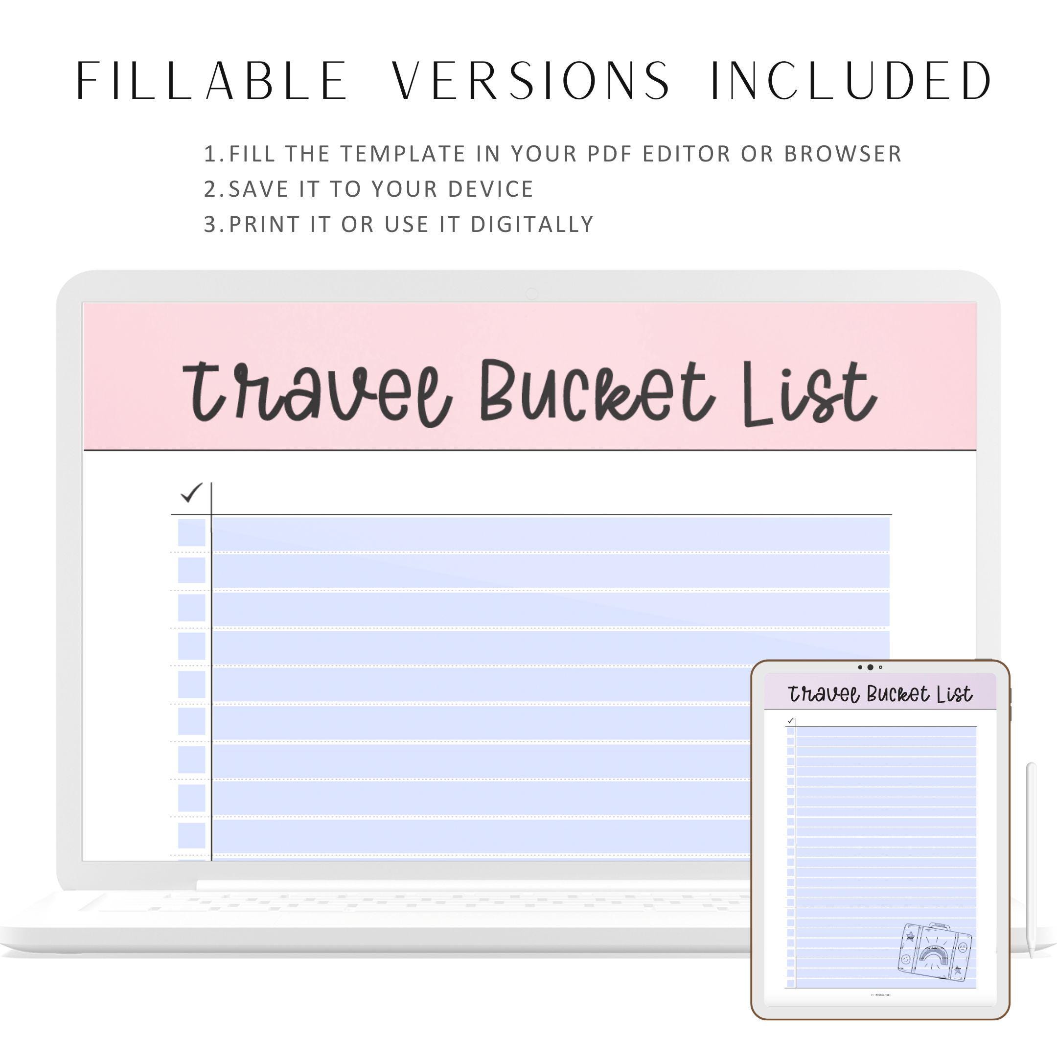 Printable Travel Bucket List Template, Fillable Bucket List Journal ...