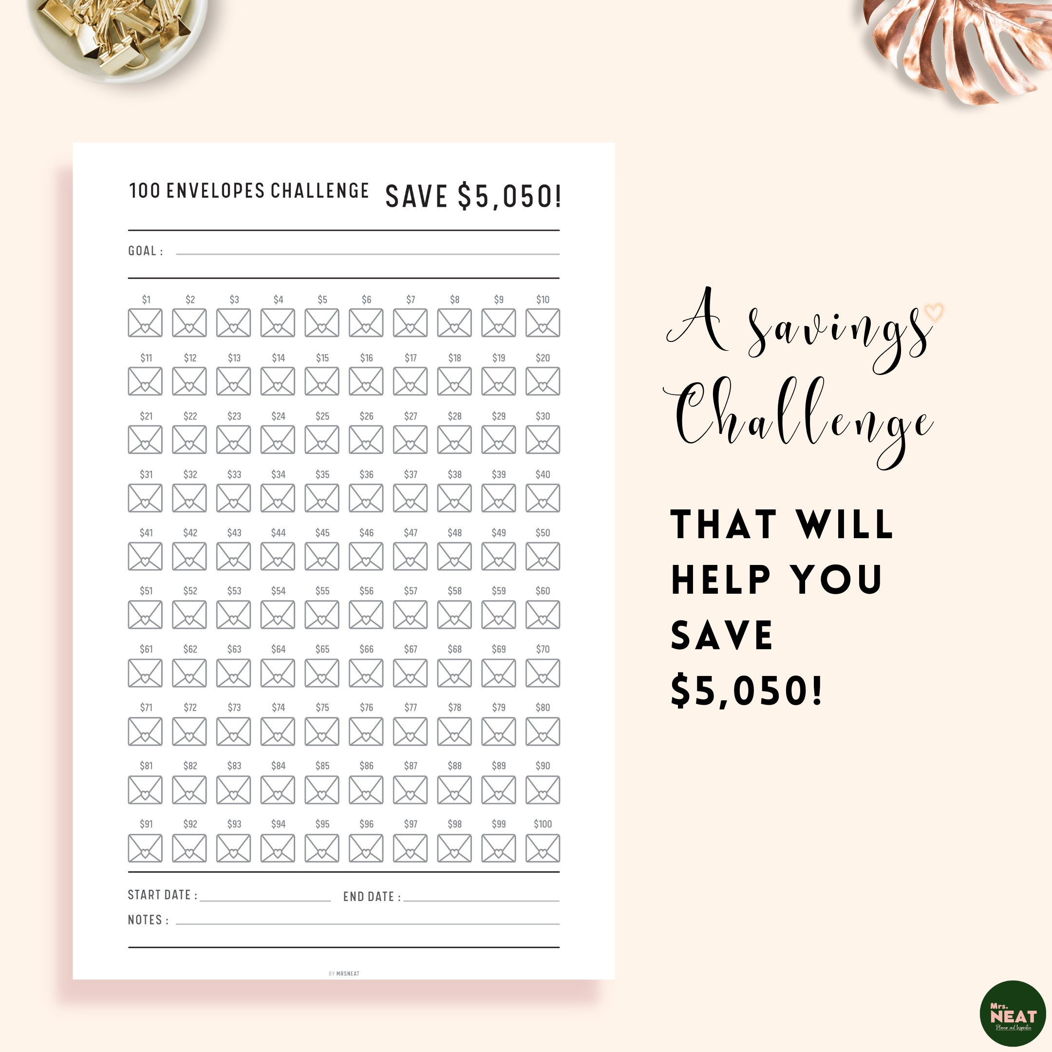 5050 Savings Challenge PRINTABLE: 100 Envelope Template (a4/letter/hl ...