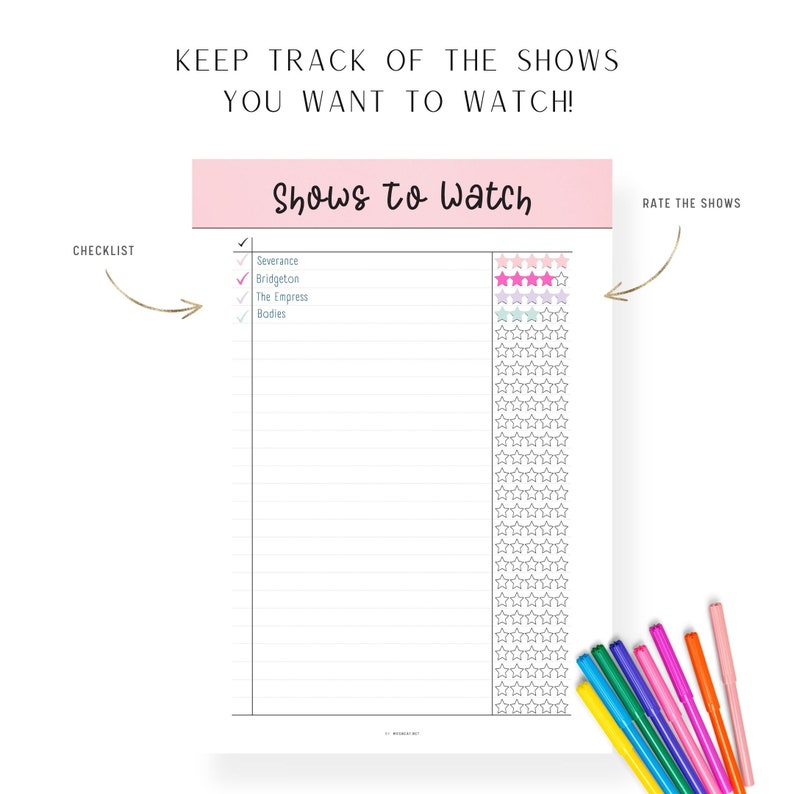 Shows to Watch Printable, TV Show to Watch List, Shows Tracker, 6 ...