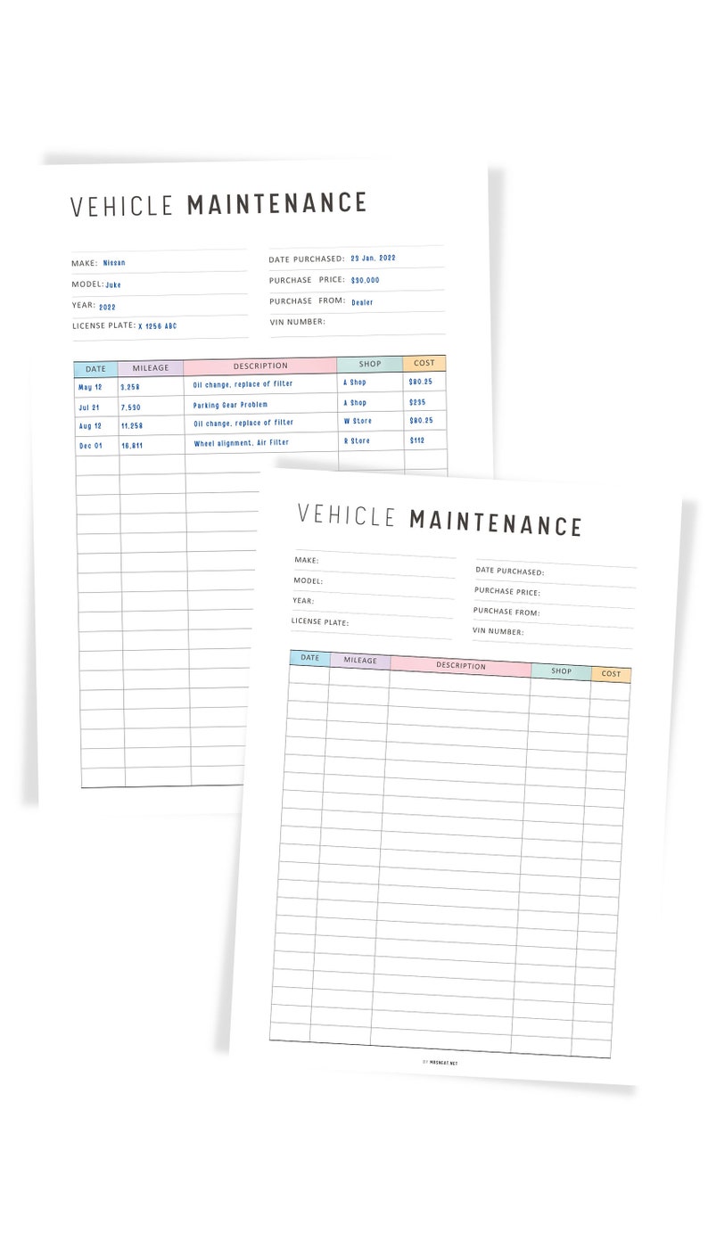 FILLABLE Vehicle Maintenance Log: Colorful Car Service Record PRINTABLE ...
