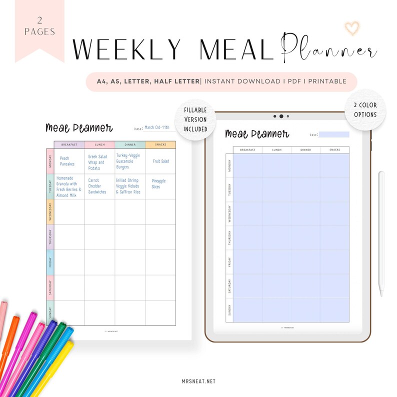 Colorful Weekly Meal Planner Printable: Fillable Food Journal (A4, A5 ...