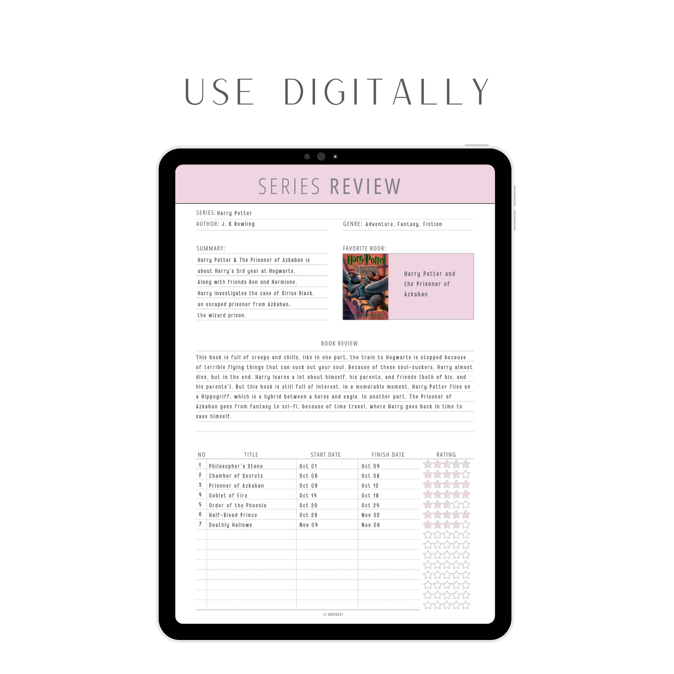 Book Series Review Template Printable, A4, A5, Letter, Half Letter, Pdf ...