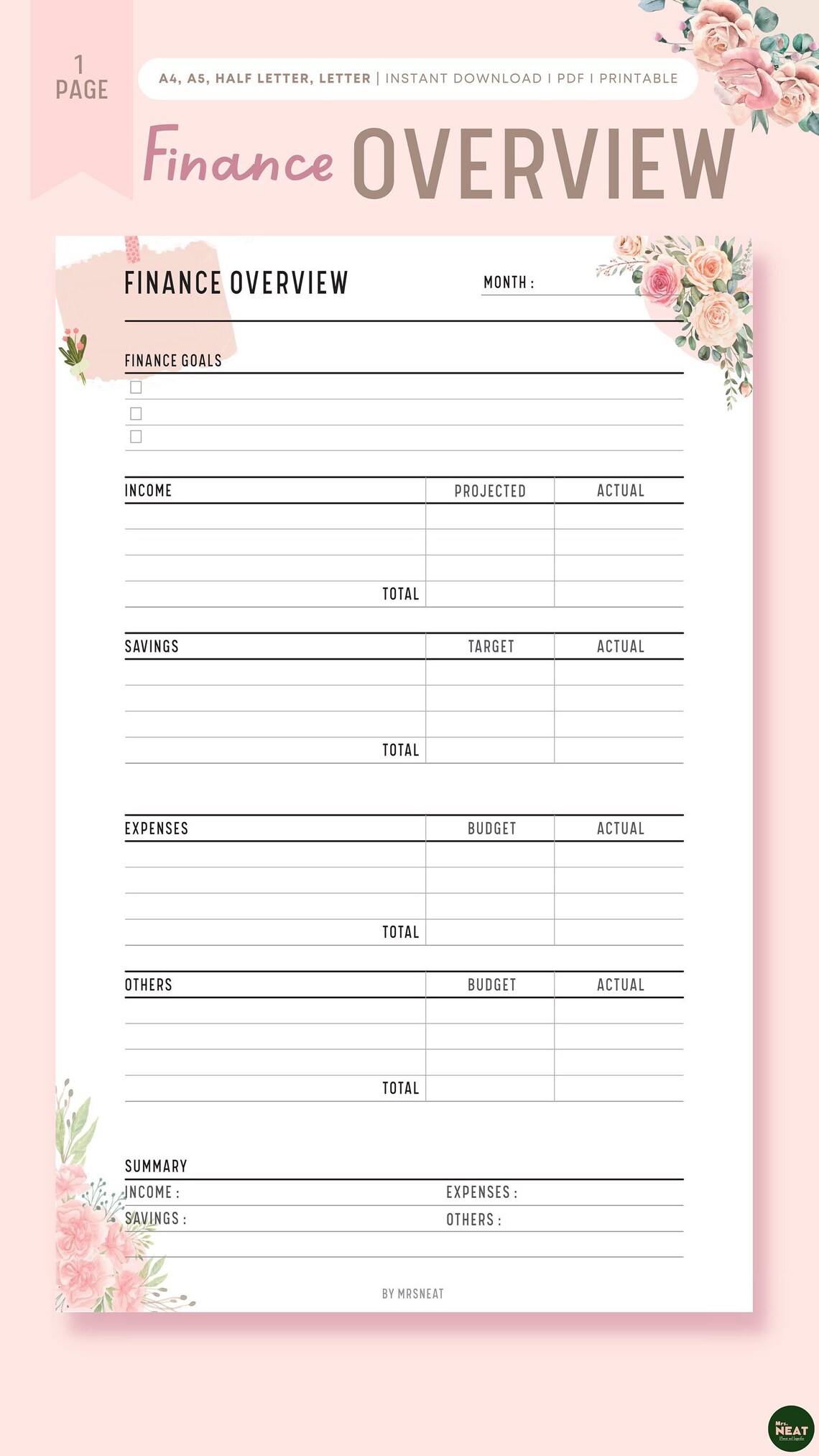 Floral Monthly Finance Overview Printable, Budget Organizer, Income ...