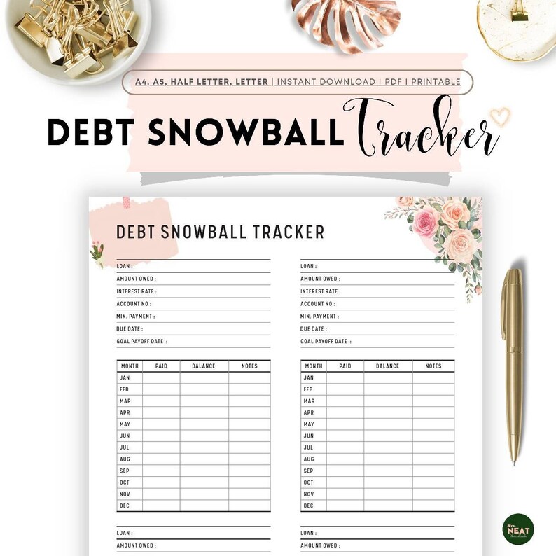 Floral Debt Snowball Tracker Printable, Snowball Debt Plan Printable, Snowball Debt Repayment ...